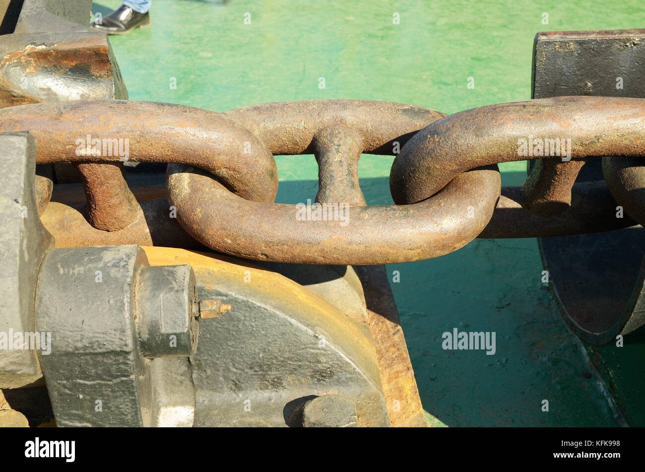 The deck of the ship.Powerful marine chain on a ship made of solid ...