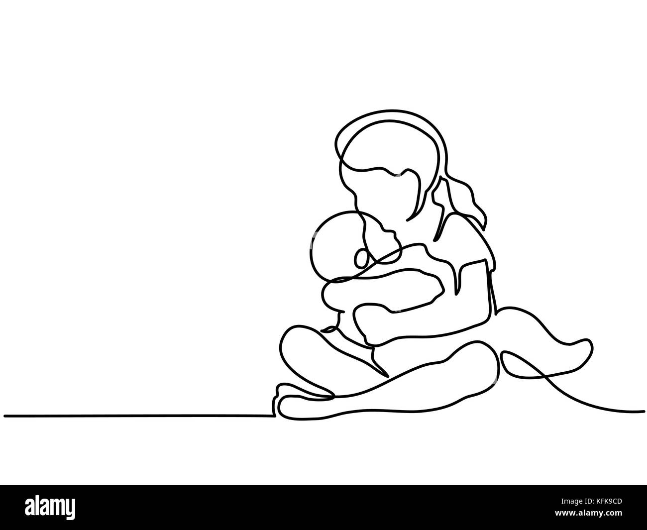 Continuous line drawing. Happy toddler girl playing with her newborn ... Continuous line drawing. Happy toddler girl playing with her newborn ...
