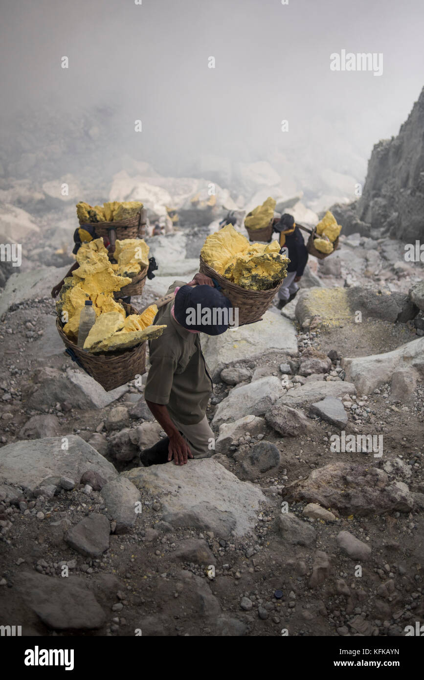 Miners carrying baskets full of sulfur rocks to the top of the Kawah ...