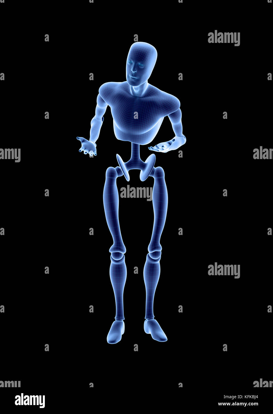 Blue humanoid robot android standing in a questioning pose. Isolated on ...