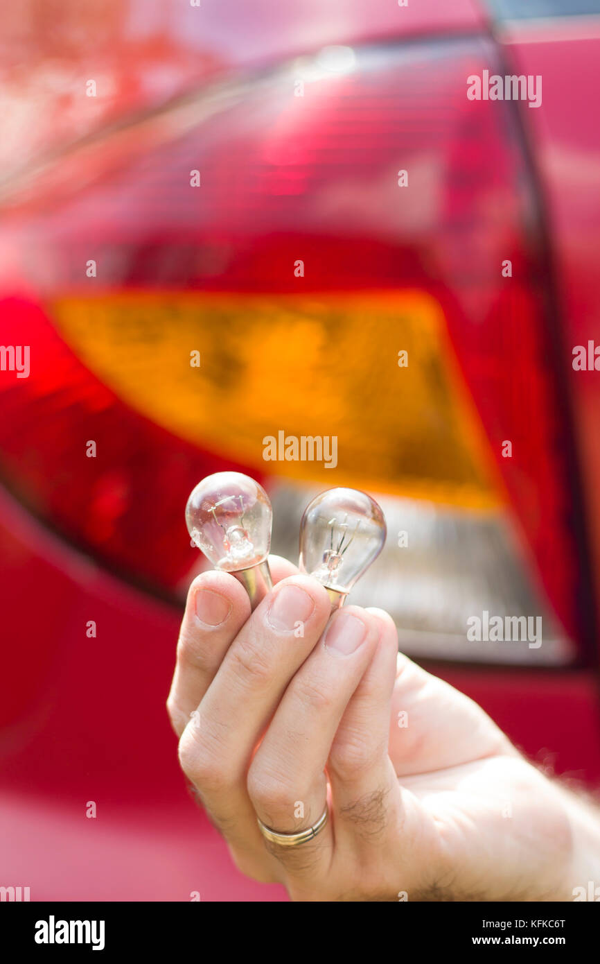 The mechanics hands holding single-filament or dual-filament automotive ...