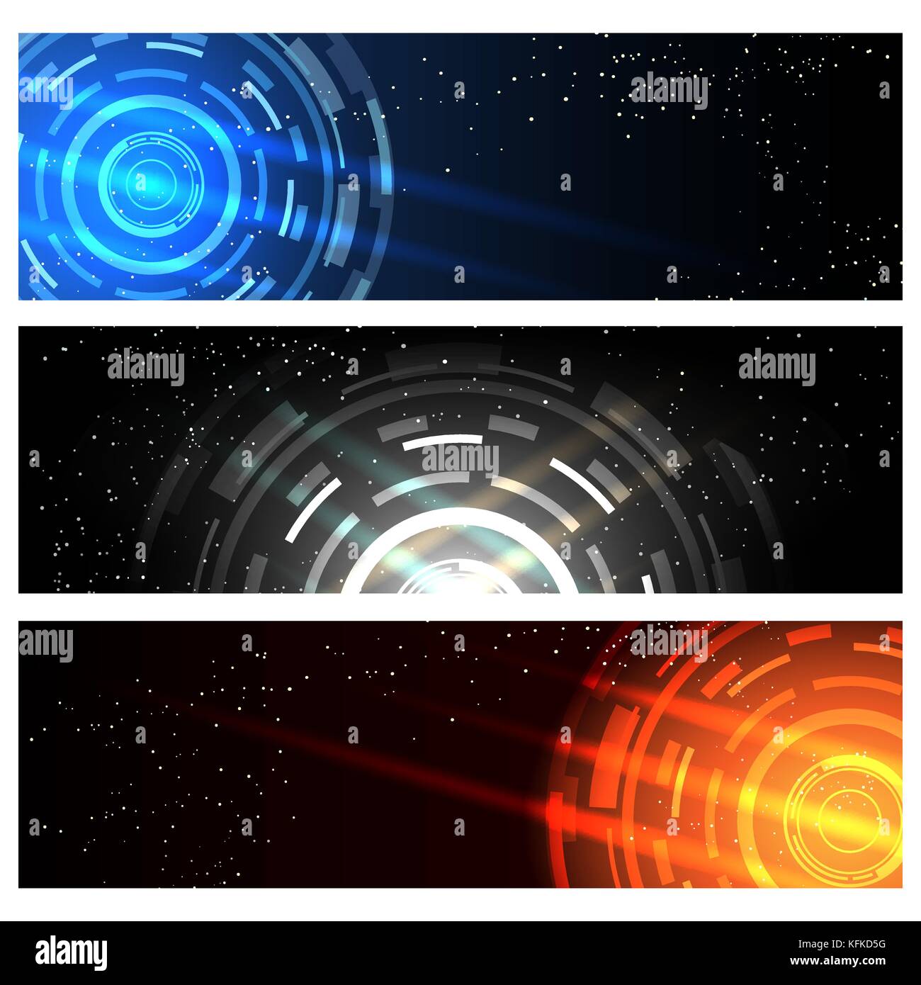 Abstract trendy banner or header set with technology circles on sky ...