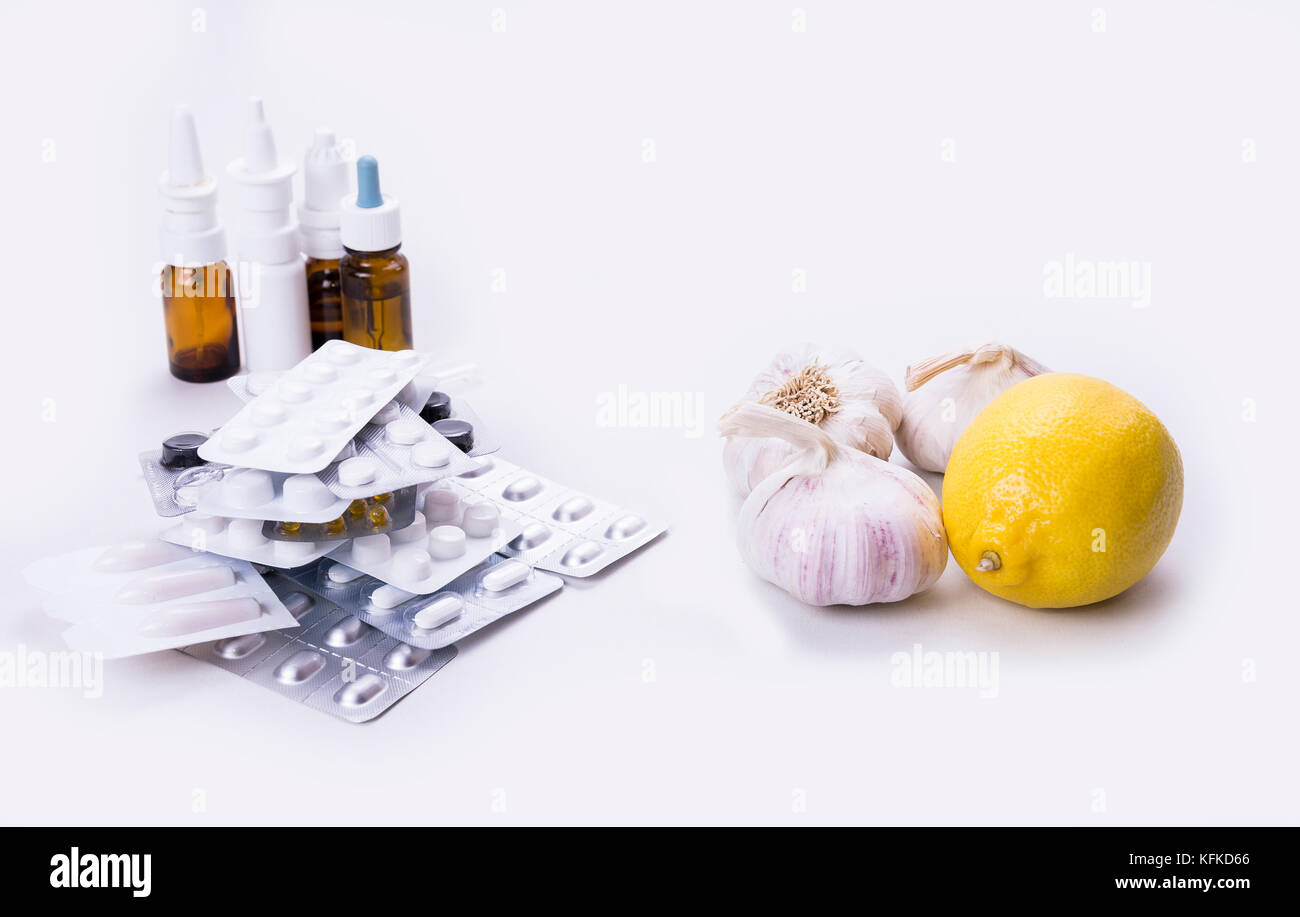The best drug in the past were garlic and lemon on the white background ...