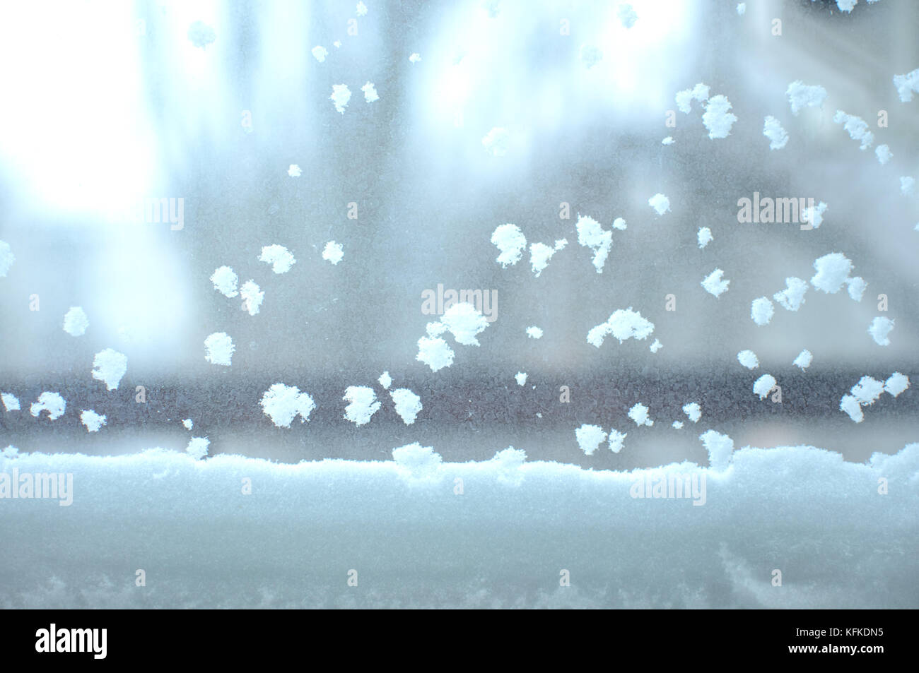 Snowbound window close-up, indoor. Seasonal winter weather conditions ...