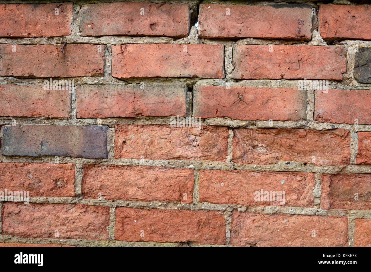 Brick wall in garden with bricks and mortar decaying diue to weathering ...