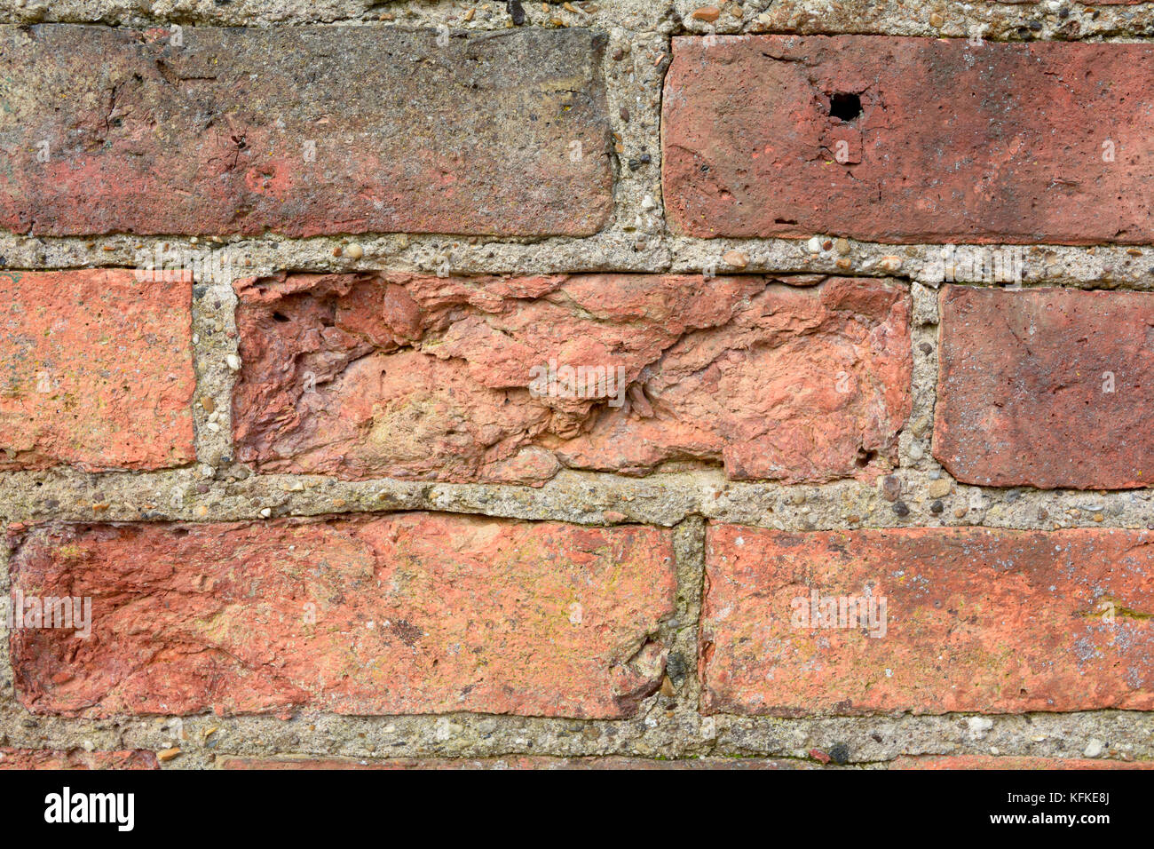 Brick wall in garden with bricks and mortar decaying diue to weathering ...