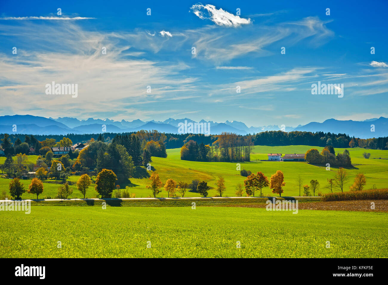 Pre-Alpine landscape in autumn, Alpine chain and foehn clouds, near ...