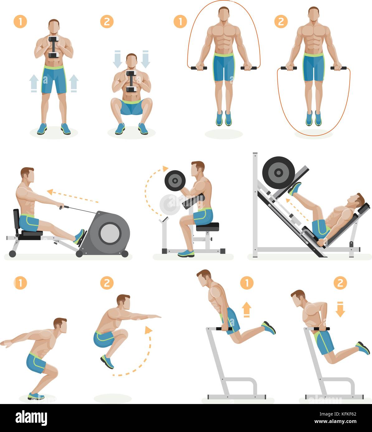 Gym exercises machines sports equipment. Vector Illustration Stock ...
