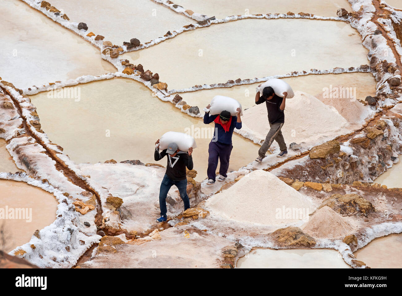 Workers carry salt bags through salt garden, salt mines of Maras ...