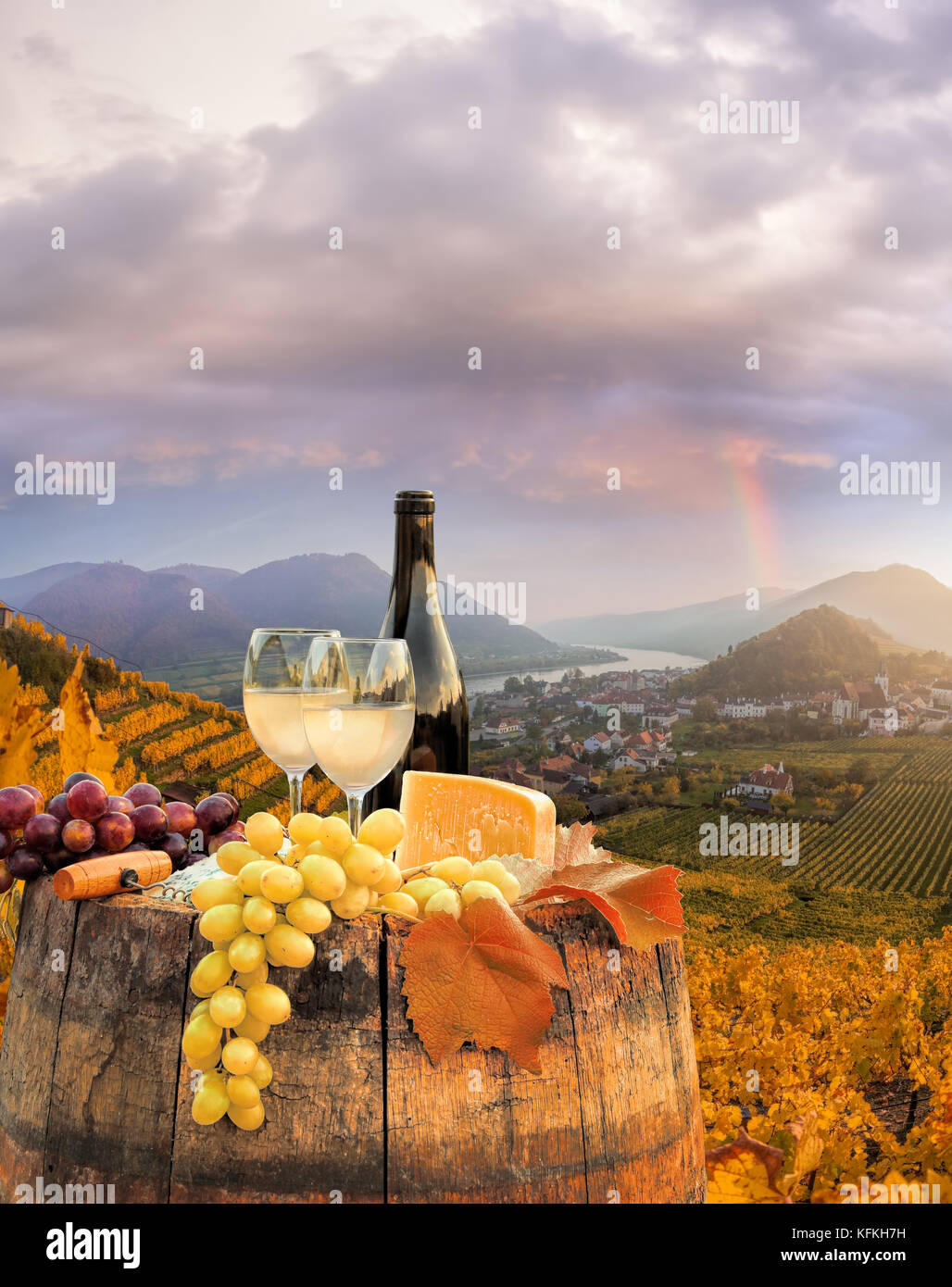 White wine with barrel on famous vineyard in Wachau, Spitz, Austria ...