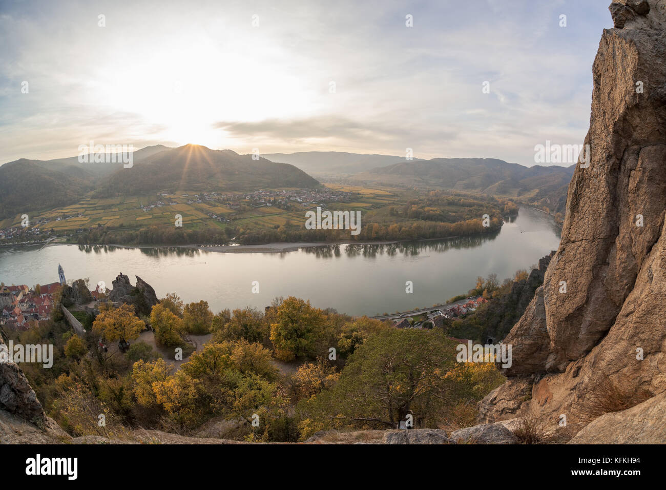 DUERNSTEIN CASTLE AND VILLAGE WITH DANUBE RIVER IN AUSTRIA Stock Photo ...