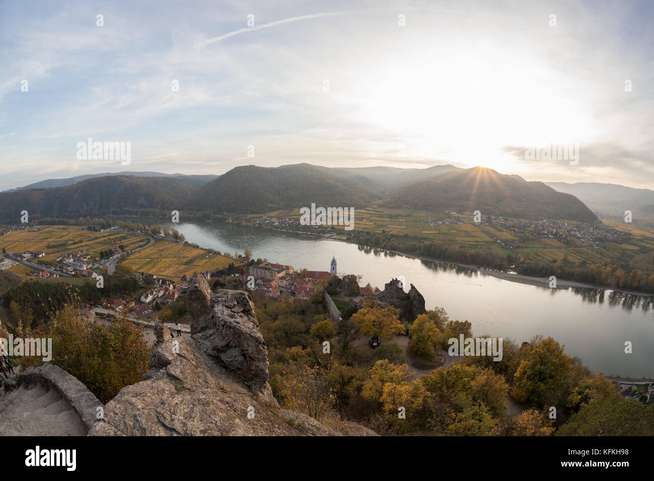 DUERNSTEIN CASTLE AND VILLAGE WITH DANUBE RIVER IN AUSTRIA Stock Photo ...