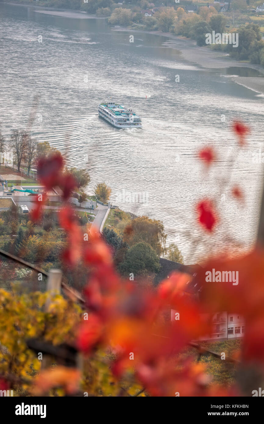 Landscape of Wachau valley, Spitz village with boats on Danube river in ...