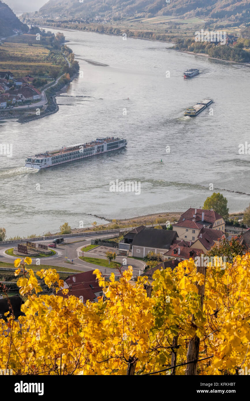 Landscape of Wachau valley, Spitz village with boats on Danube river in ...