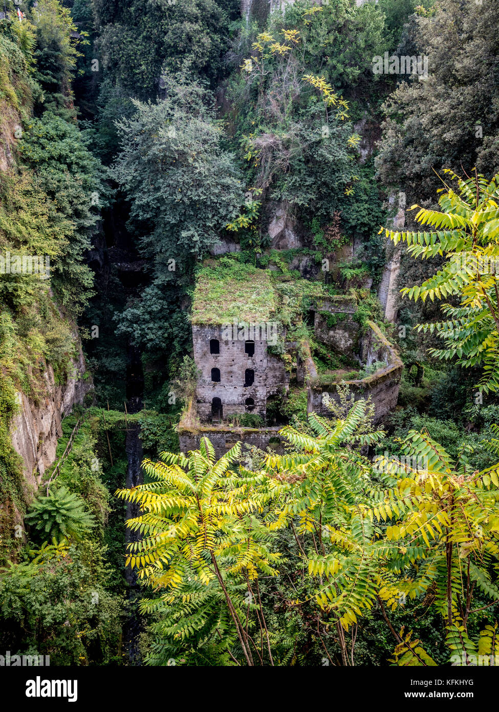 Valle dei Mulini. Ruins of a disused flour mill in a gorge. Sorrento ...