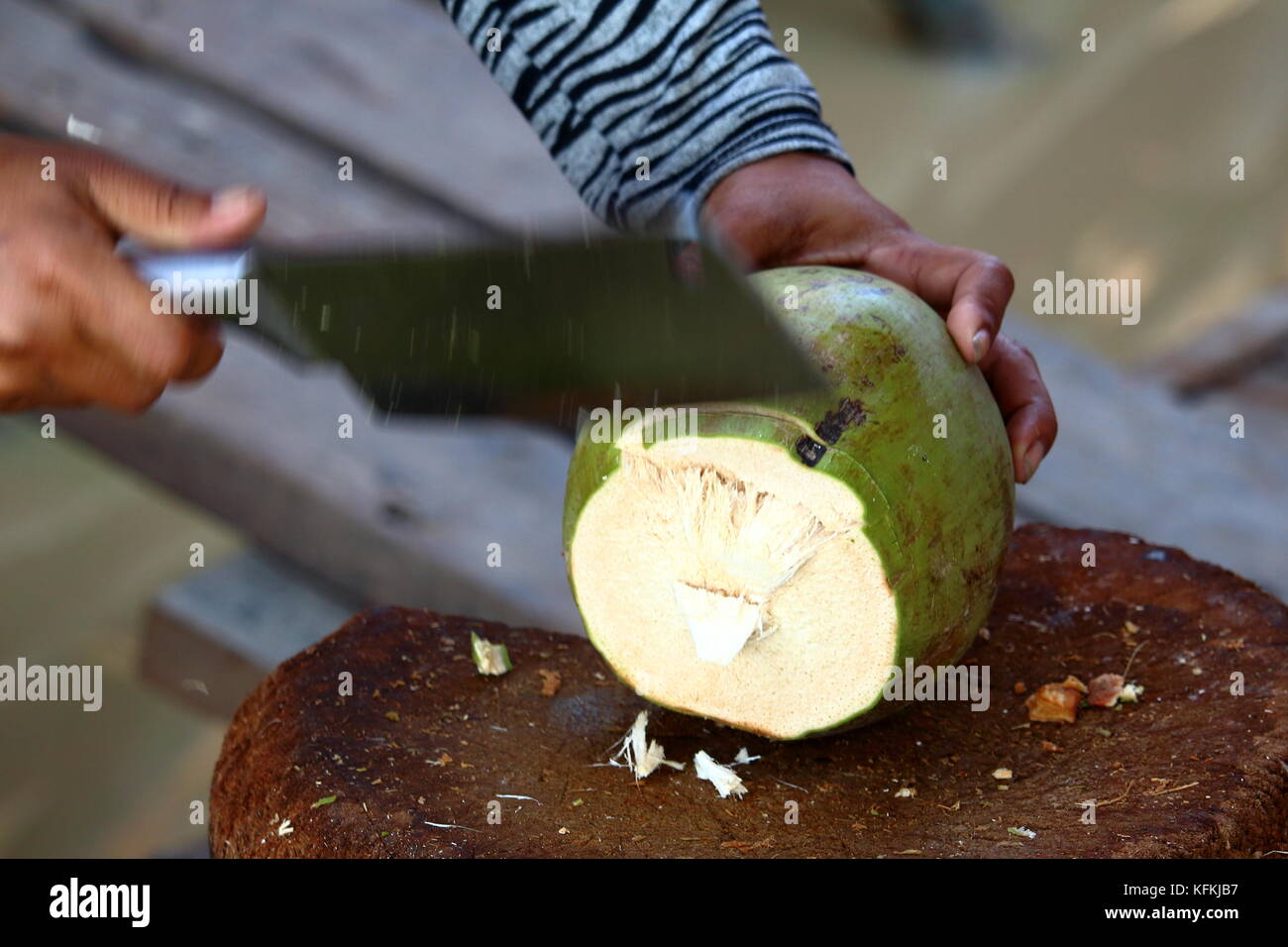 Coconut preparation: cutting Stock Photo - Alamy