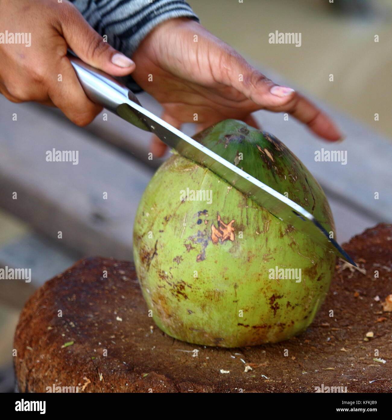 Coconut preparation: cutting Stock Photo - Alamy