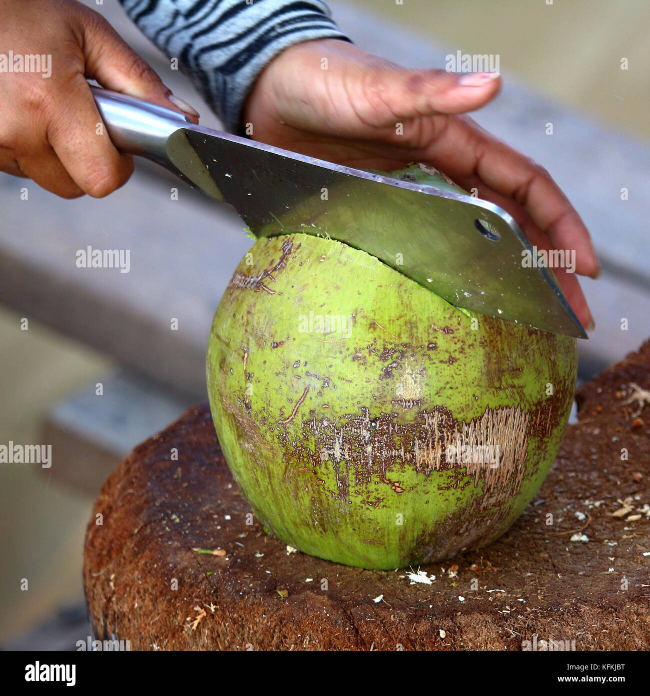 Coconut preparation: cutting Stock Photo - Alamy