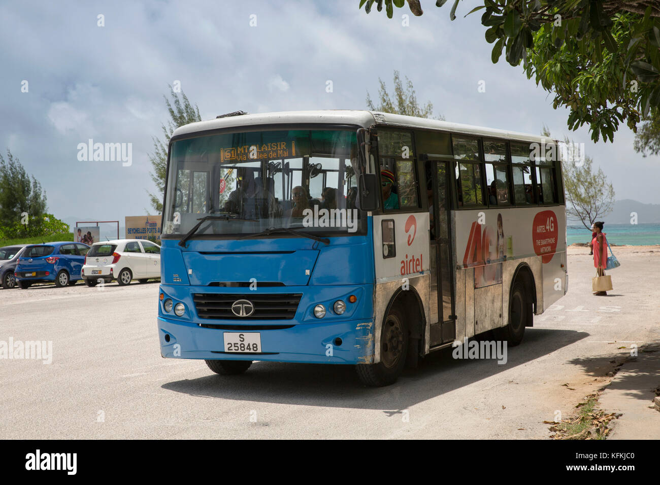 The Seychelles, Praslin, Baie St Anne, Mount Plaisir bus at jetty bus ...