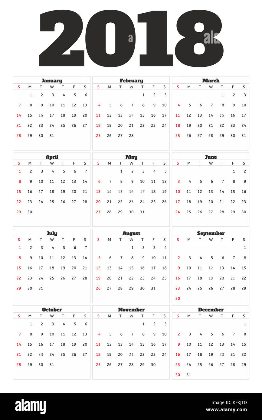 Calendar 2018 year simple style. Week starts from sunday Stock Photo ... Calendar 2018 year simple style. Week starts from sunday Stock Photo ...