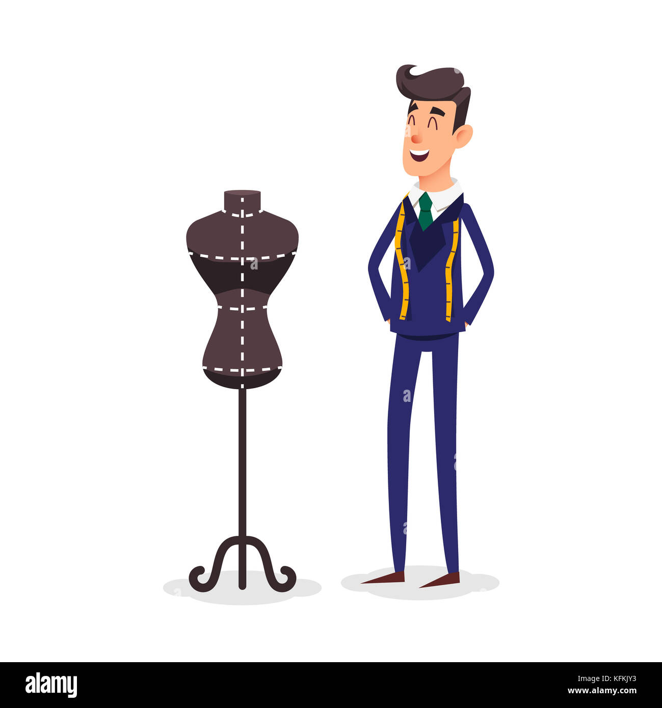 Cartoon happy tailor couture with a centimeter ribbon around his neck ...