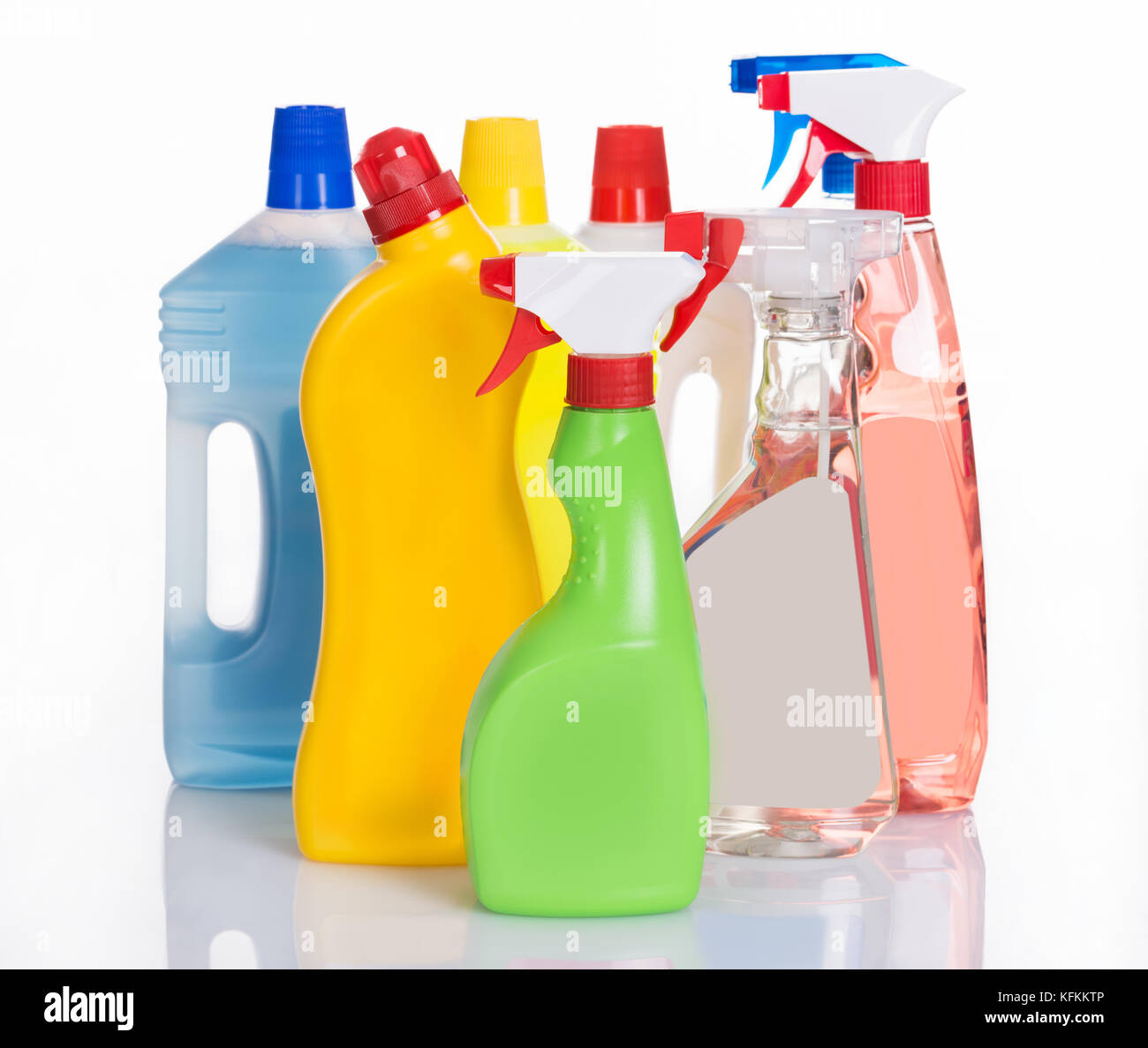 Bottles with cleaning detergents. Isolated on white Stock Photo - Alamy
