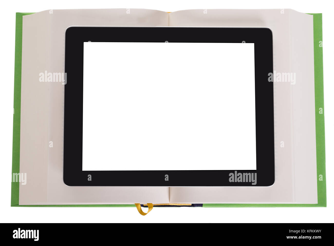 Tablet technology and book. Isolated on white Stock Photo - Alamy