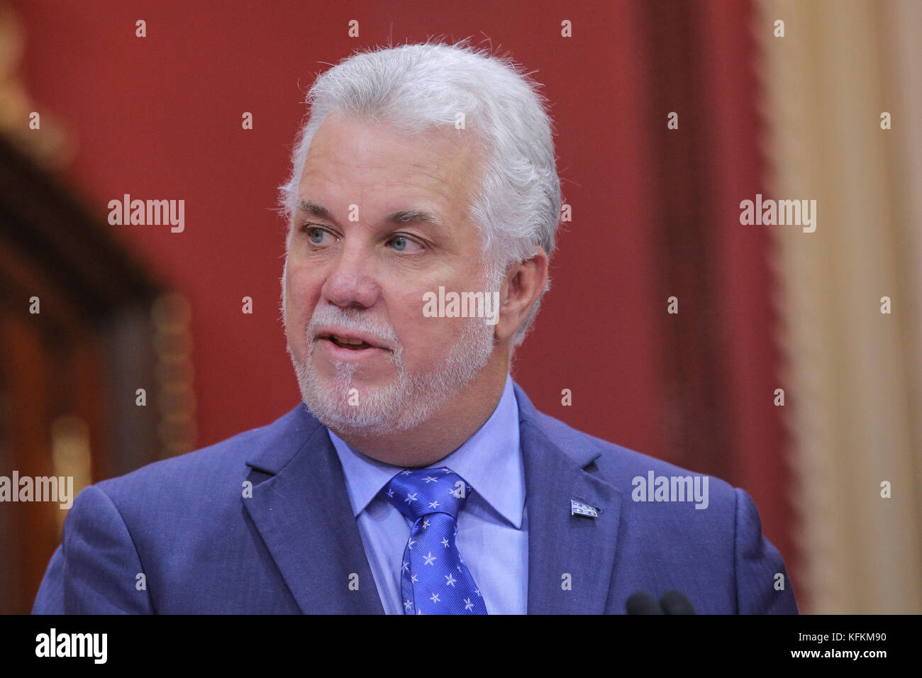 Quebec Premier Philippe Couillard speaks after presenting his new ...