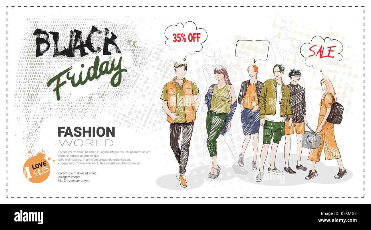 Black Friday Sale Template Brochure With Hand Drawn Fashion Models And ...