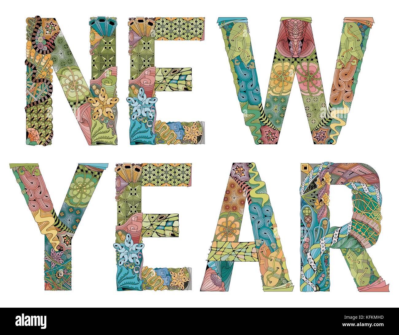 Hand-painted art design. Illustration words NEW YEAR painted in warm ...