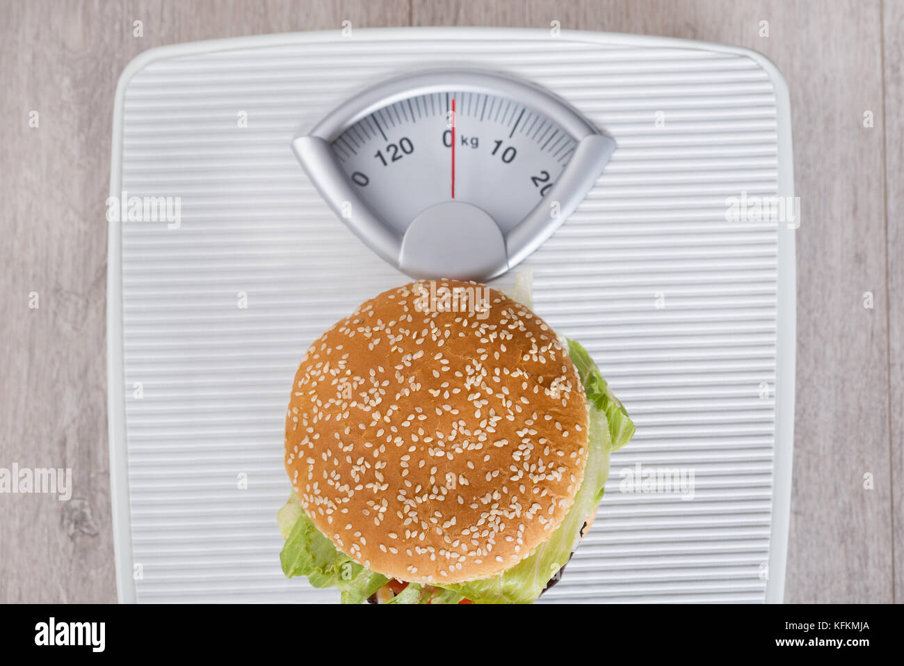 Directly above shot of burger on weight scale Stock Photo - Alamy