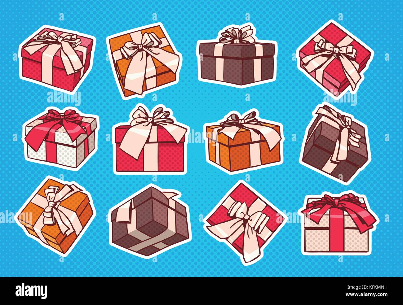 Set Of Colorful Gift Box Pop Art Retro Style Of Presents With Ribbon ...