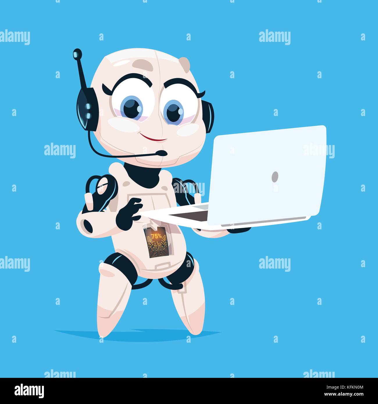 Cute Robot Hold Laptop Computer Chat Bot Robotic Girl Isolated Icon On ...