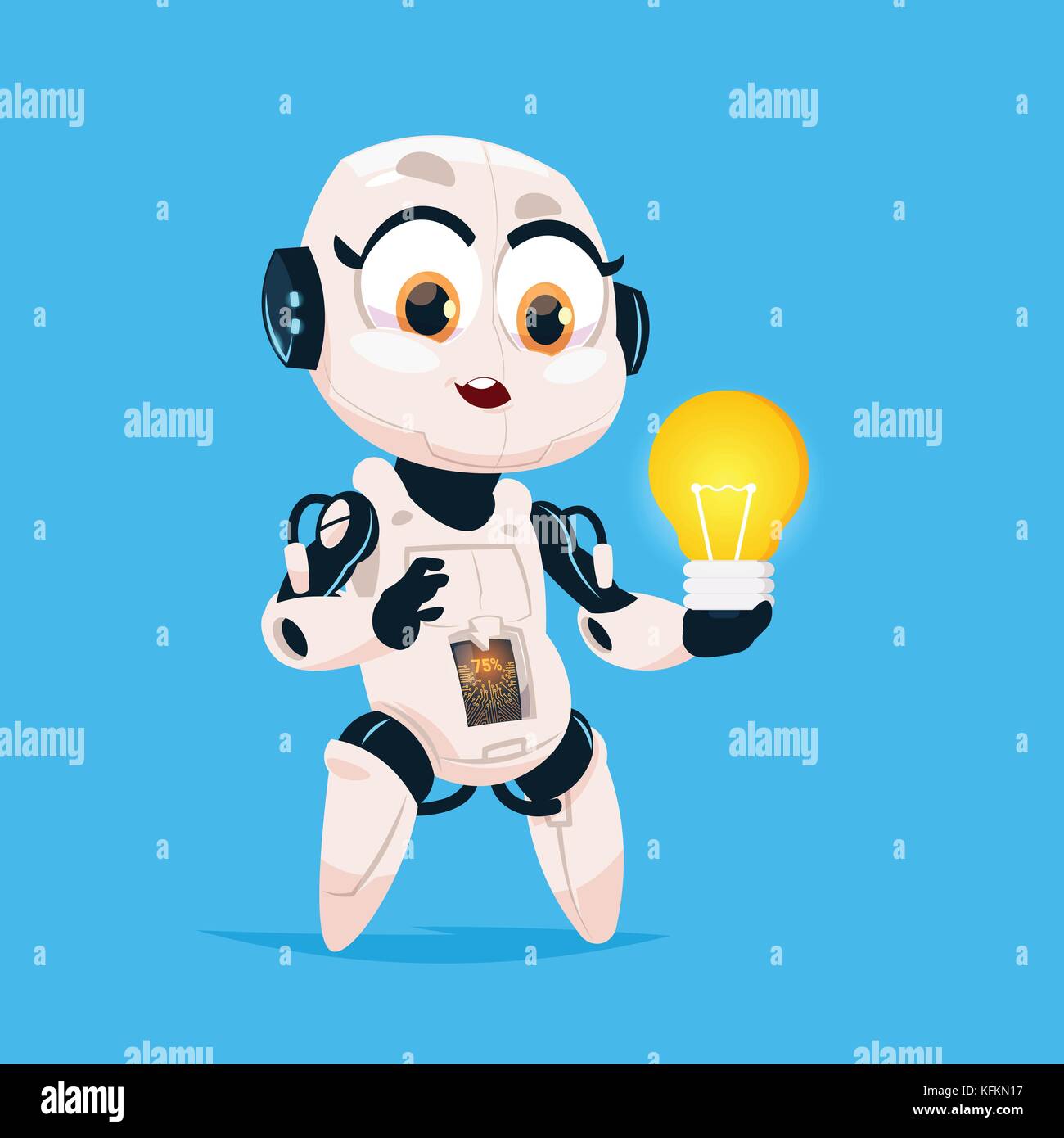 Cute Robot Hold Light Bulb Robotic Girl Isolated Icon On Blue ...