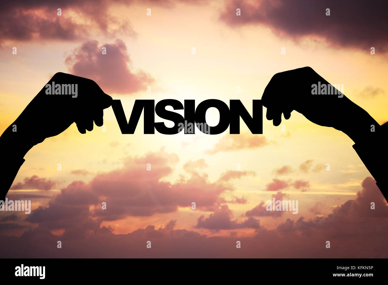 Cropped image of silhouette businessman's hands holding VISION word ...