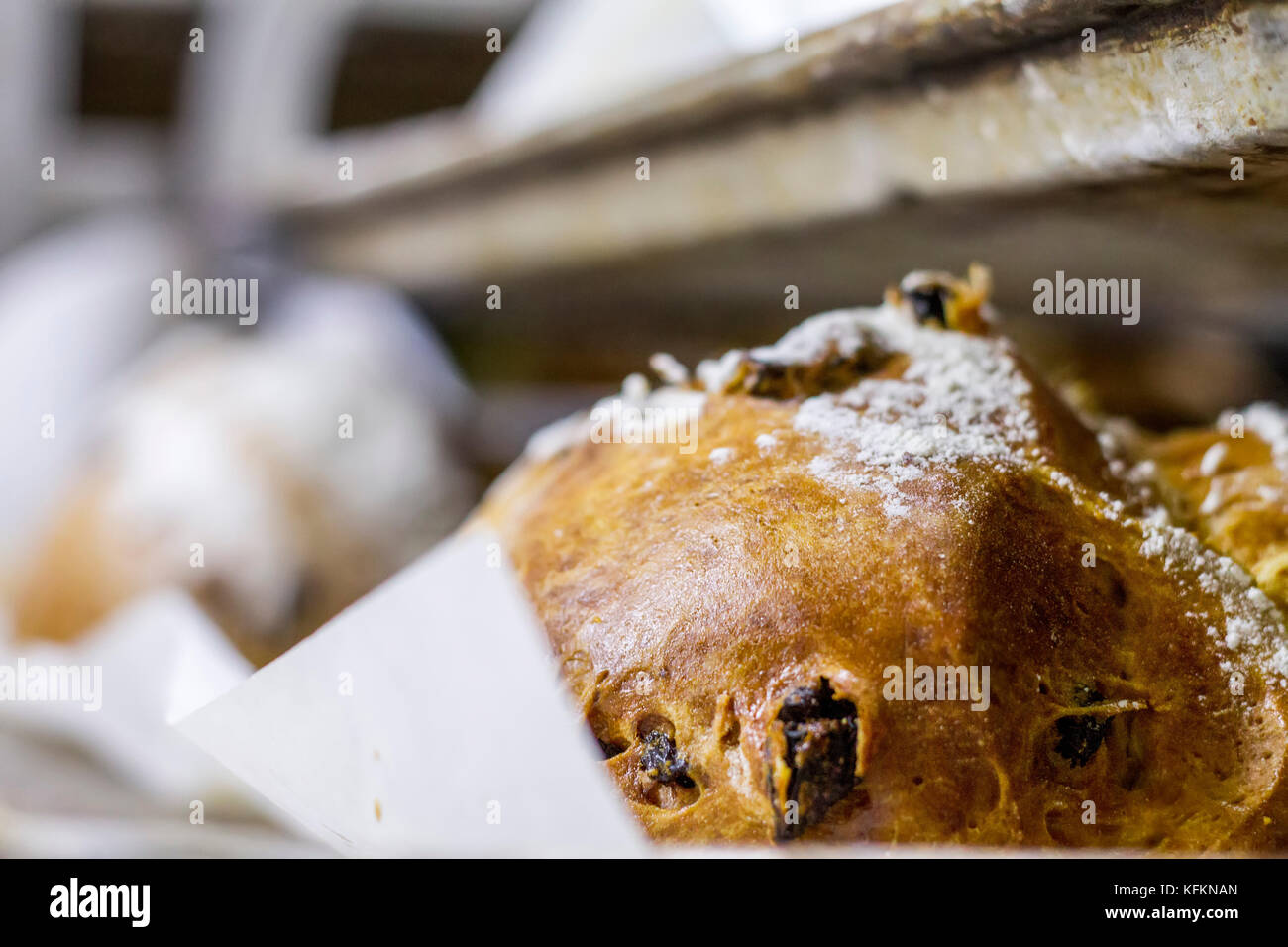 Many ready-made fresh bread in a bakery oven in a bakery. Bread making ...