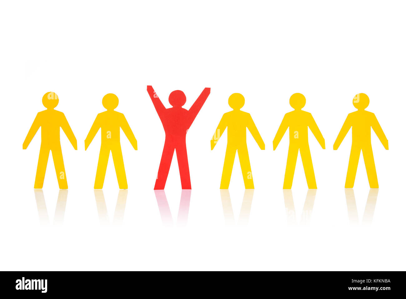 Successful red paperman standing with yellow team isolated over white ...