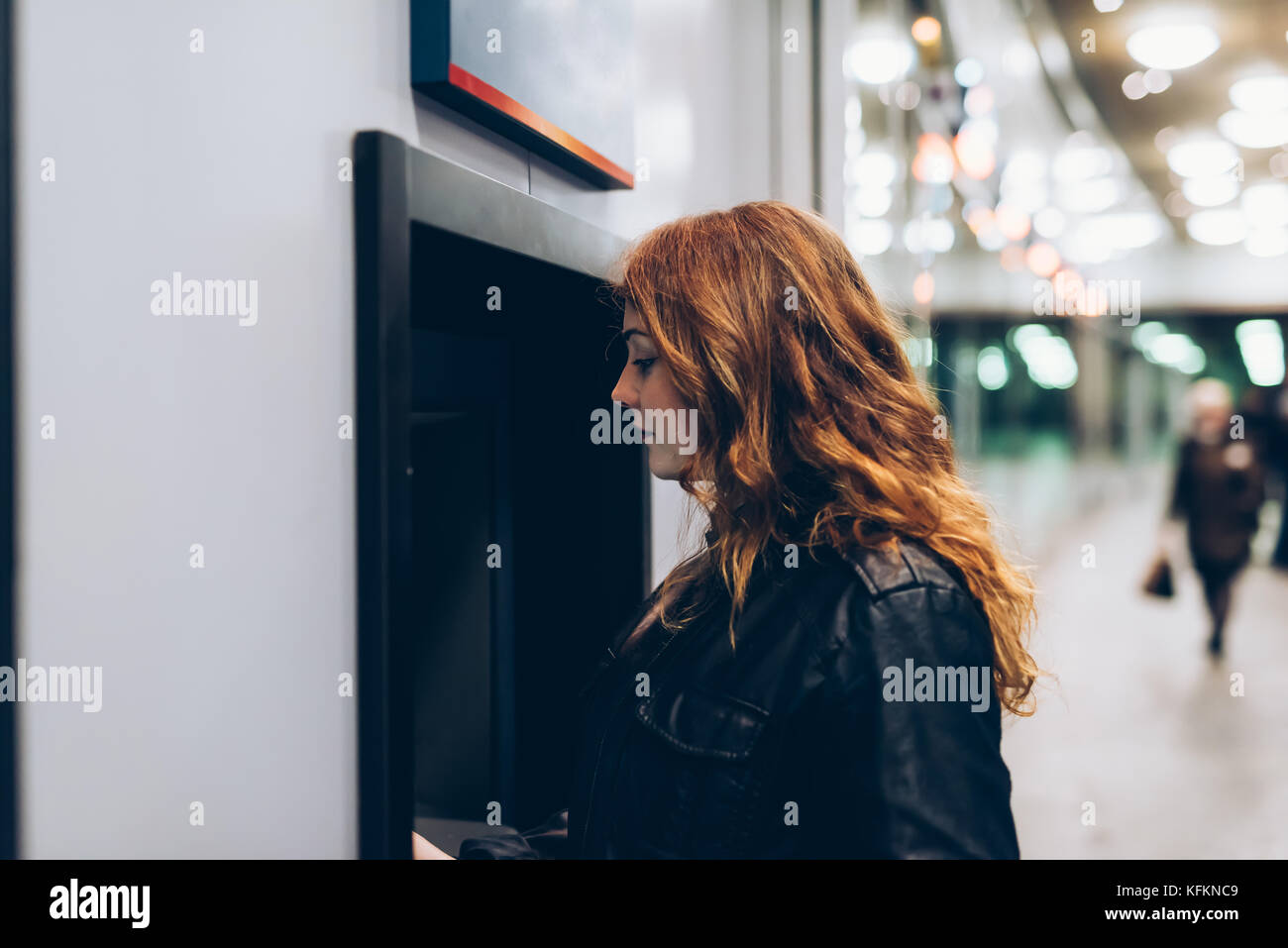 young woman beautiful using atm machine - customer, buying, transaction ...