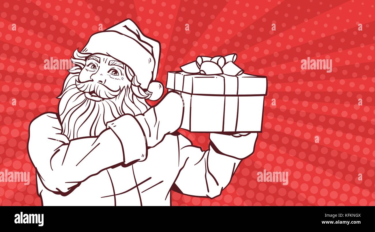 White Sketch Of Santa Claus Hold Gift Box Over Pop Art Comic Background ...