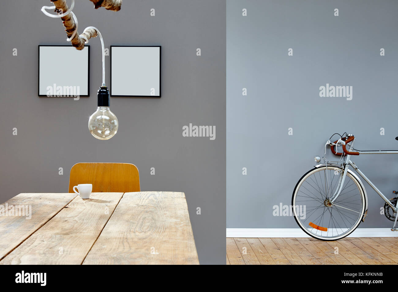 modern decoration in vintage loft branch lamp table and silver bike ...