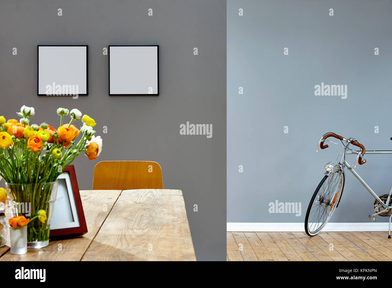hipster interior festive table and roadbike in background Stock Photo ...