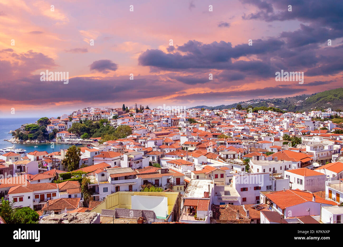 Sunset over Skiathos town on Skiatos Island, Greece. Beautiful view of ...