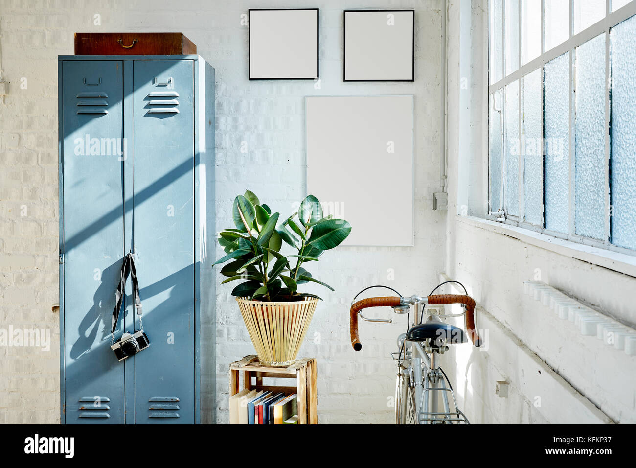 living in a vivid industrial loft metal locker plants and vintage bike ...