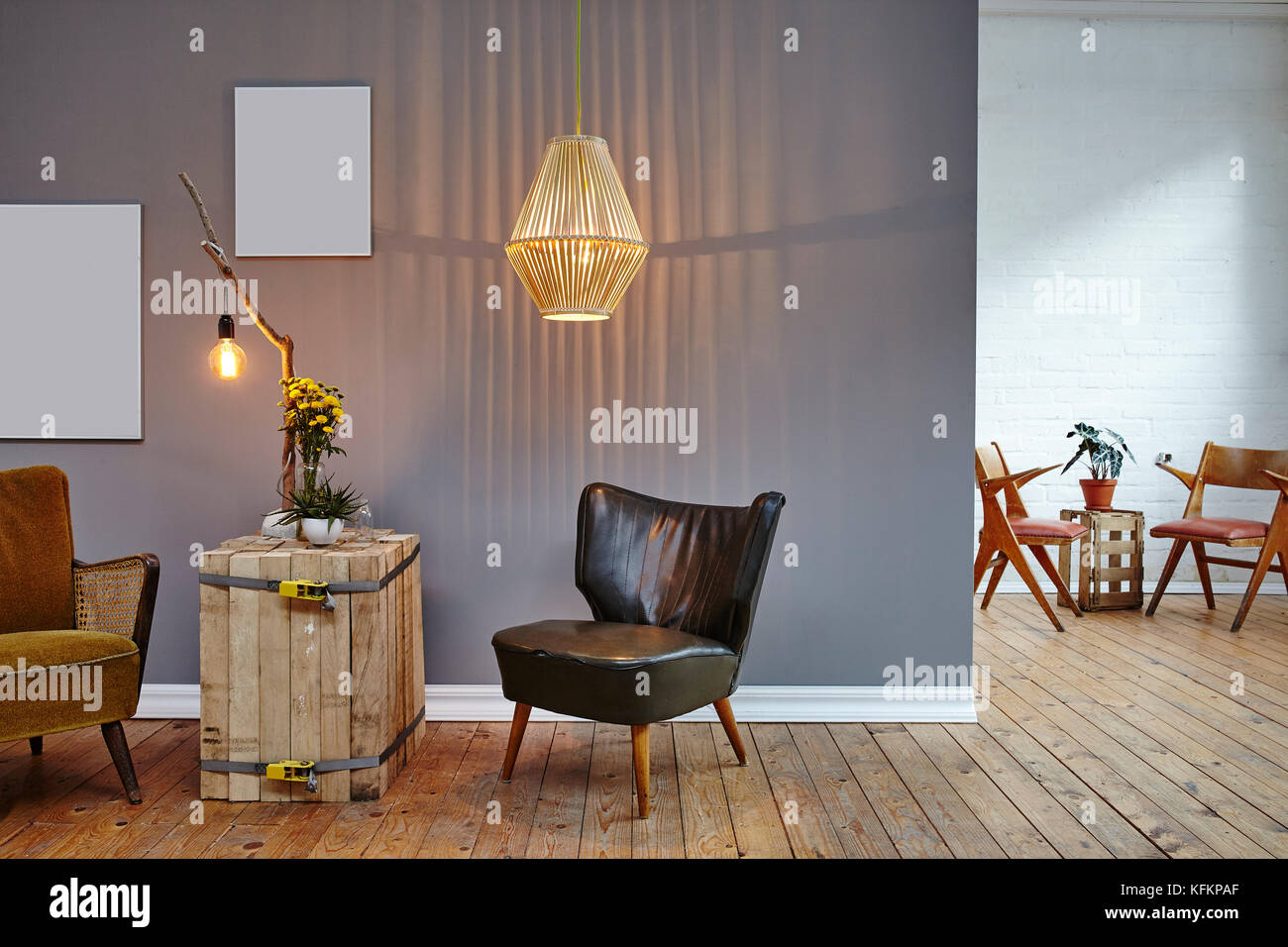 late night lounge in vintage bar chairs and lights in urban loft Stock ...