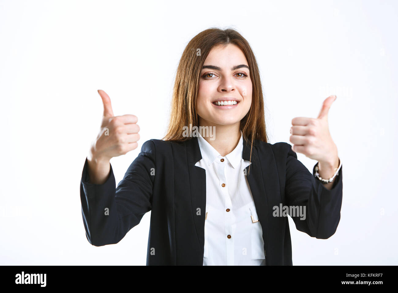 Businesswoman Shows Thumb Up Sign Stock Photo - Alamy