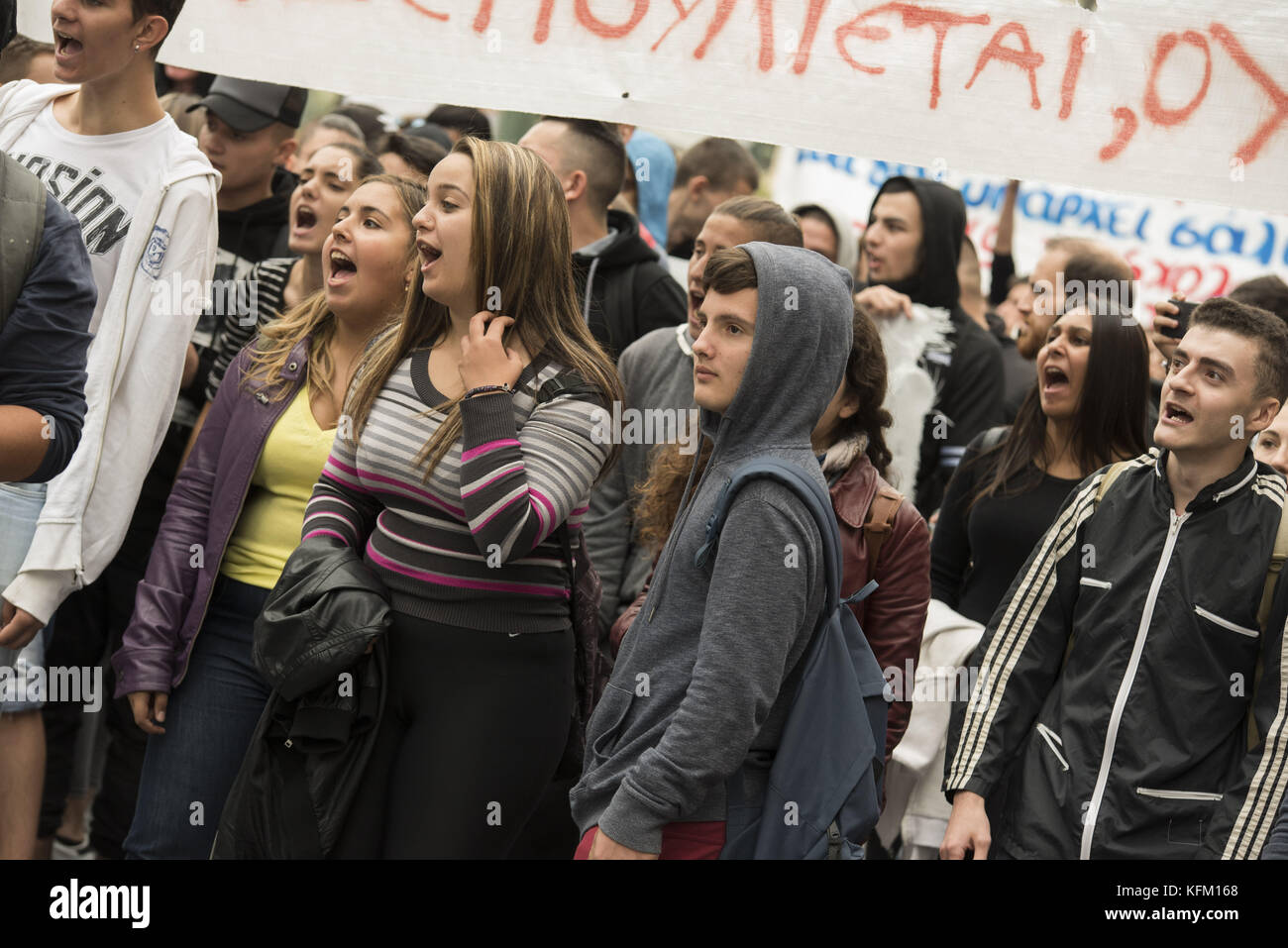 Athens, Greece. 30th Oct, 2017. Students rally holding banners and ...