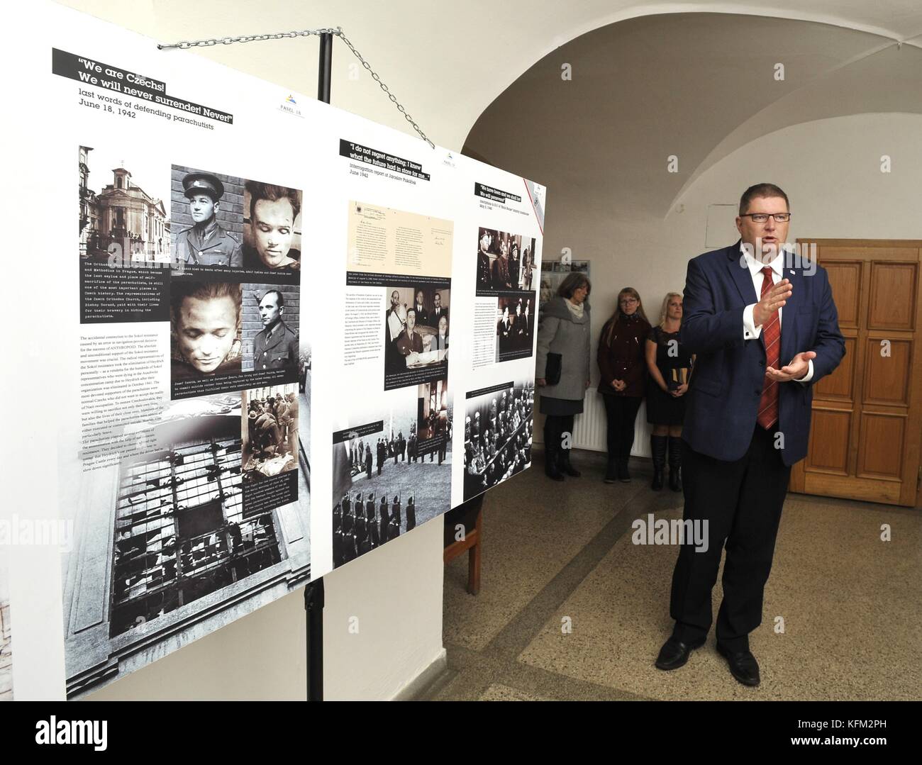 Moravsky Krumlov Mayor Tomas Tretina holds a speech at an opening of ...