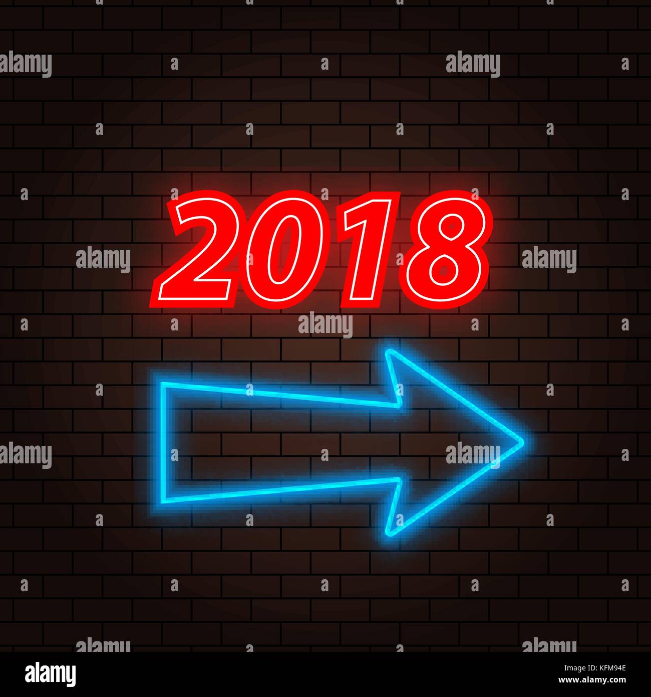 2018 Neon sign and arrow on a brick background. Vector illustration ...