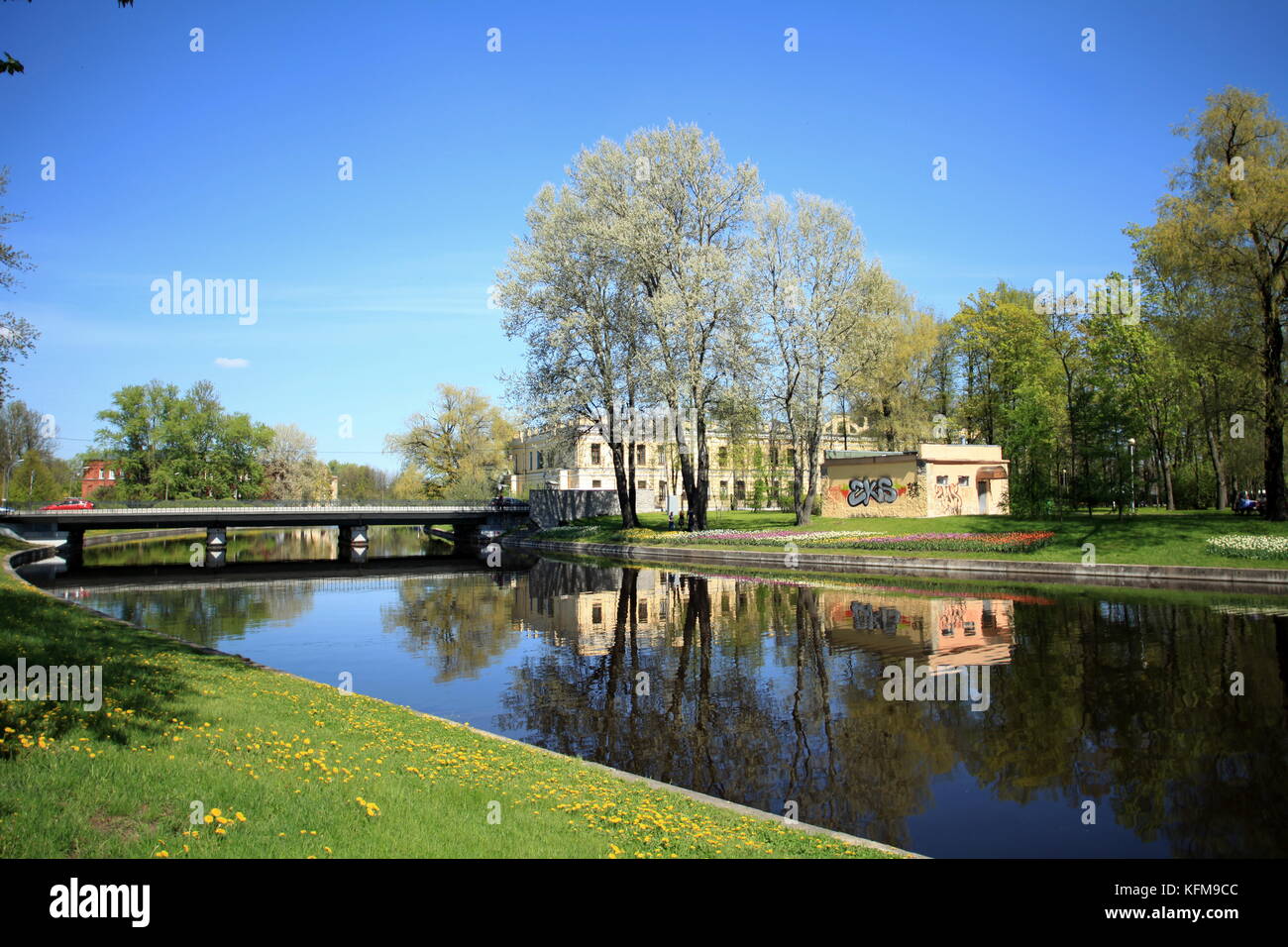 Landscape river and green field Spring time Stock Photo - Alamy