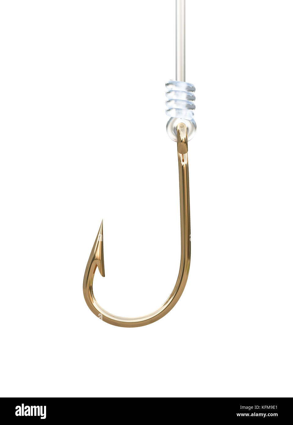 Shiny golden fishing hook hanging on the fishing line. Isolated 3d ...